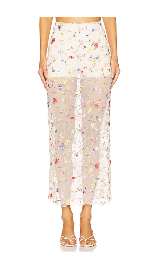 L'ACADEMIE Embroidered Floral Mesh Midi Skirt